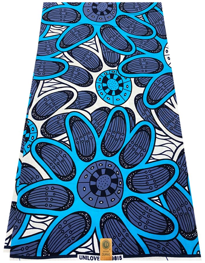 African Ankara Wax Print Fabrics -Floral Pattern- Turquoise, Blue, Gray, White,- Sell by 6 Yards-100% Cotton- for Dresses