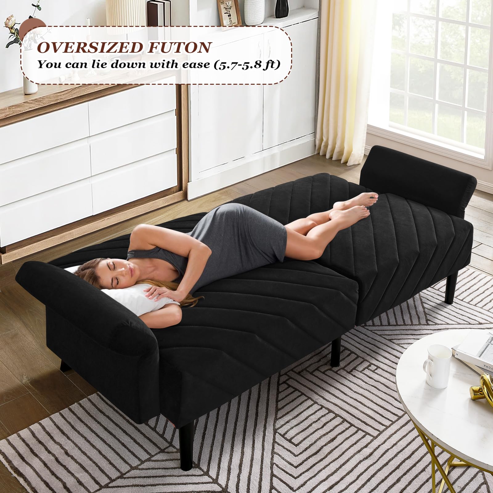 87 Inch Futon Sofa Bed, Modern Convertible Sleeper Futon Couch with Adjustable Armrests and Backrest, Velvet Oversized Loveseat Sofa Couch for Living Room, Apartment,Black