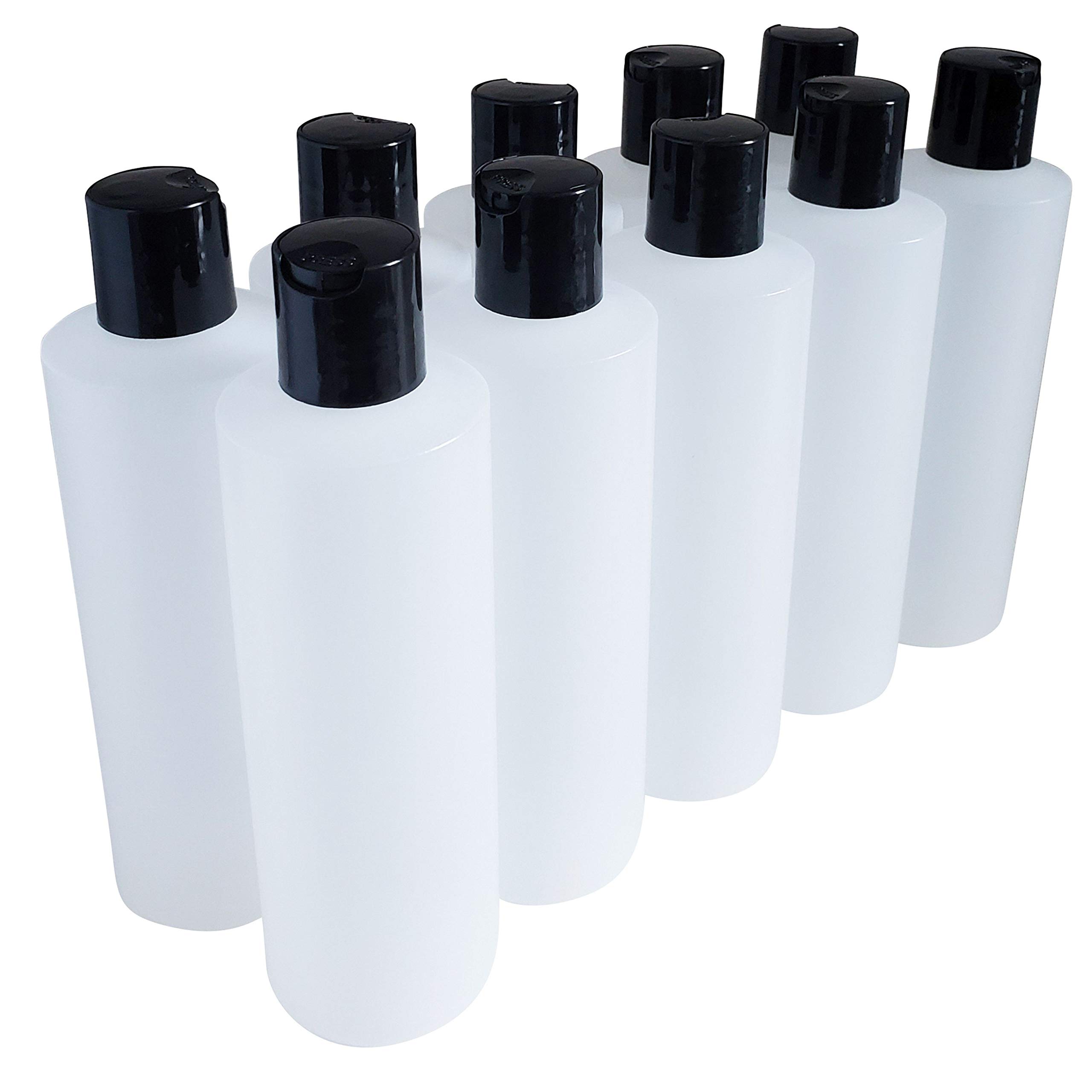 Kelkaa 8oz HDPE Durable Squeezable Plastic Bottles with Black Press Disc Top Cap Natural Clear Container for Any Liquid Products, Multi-Purpose Empty Refillable Bottles (Pack of 10)