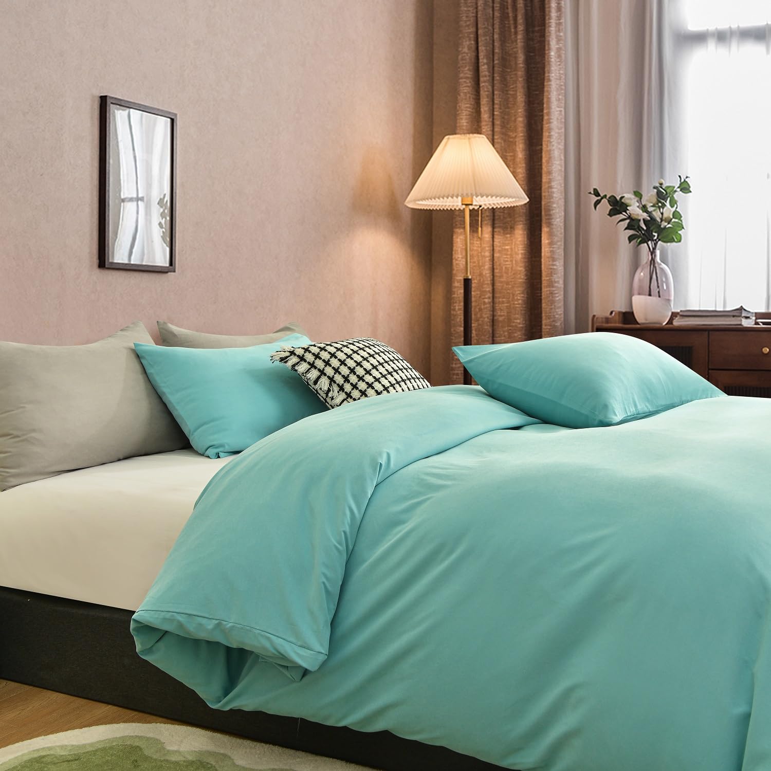 TazmKezm Light Blue Duvet Cover Set 100% Washed Cotton Duvet Cover Queen Size(90x90 Inch),3 Pieces Luxury Soft Bedding Set with Zipper Closure.Solid Color Pattern Duvet Cover