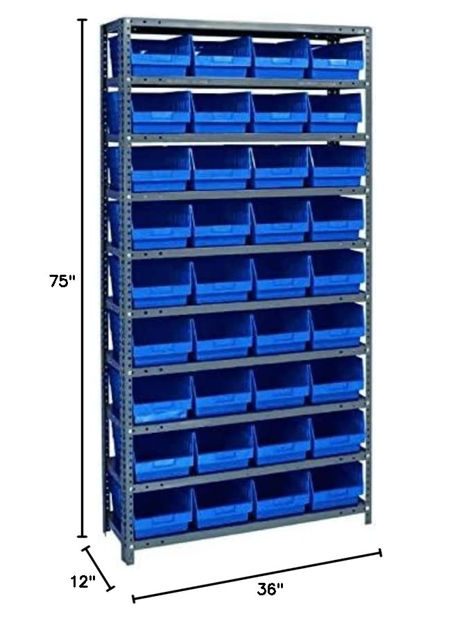 Quantum Storage 1275-207BL Store More Steel Shelving Unit with 6" Shelf Bins, 12" D x 36" W x 75" H, Blue
