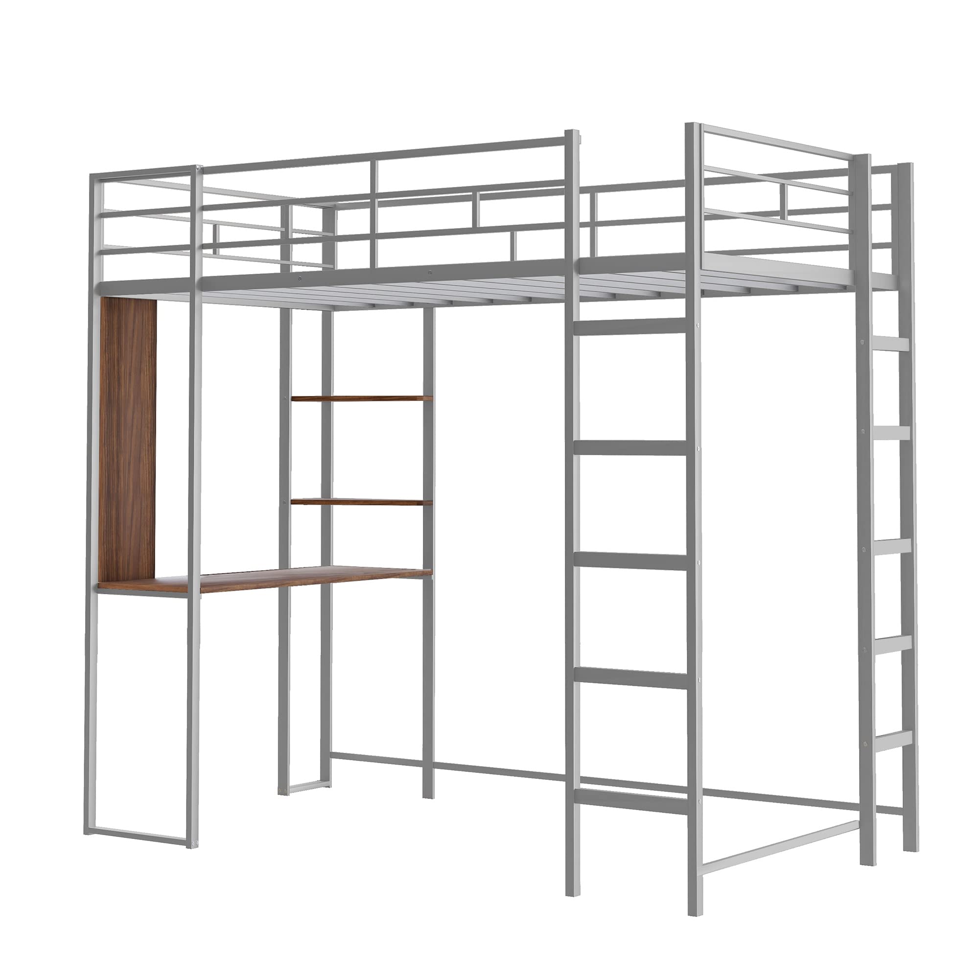 Harper & Bright Designs Twin Size Loft Bed with Desk, Heavy Duty Metal Loft Bed Twin with Shelves, Twin Metal Loft Bed Frame for Kids,Teens, No Box Spring Needed,Silver