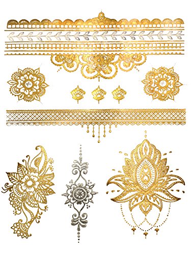 Terra Tattoos Gold Metallic Temporary Tats Geometric Henna Designs Waterproof Nontoxic Long Lasting Perfect for Beach, Festivals, & more! (Maya)