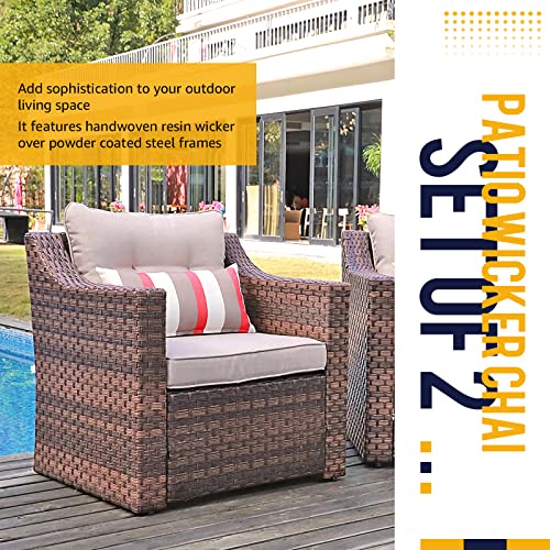 SUNSITT Patio Outdoor Furniture 2-Piece Brown Wicker Single Club Chairs w/Beige Olefin Cushions & Striped Throw Pillow