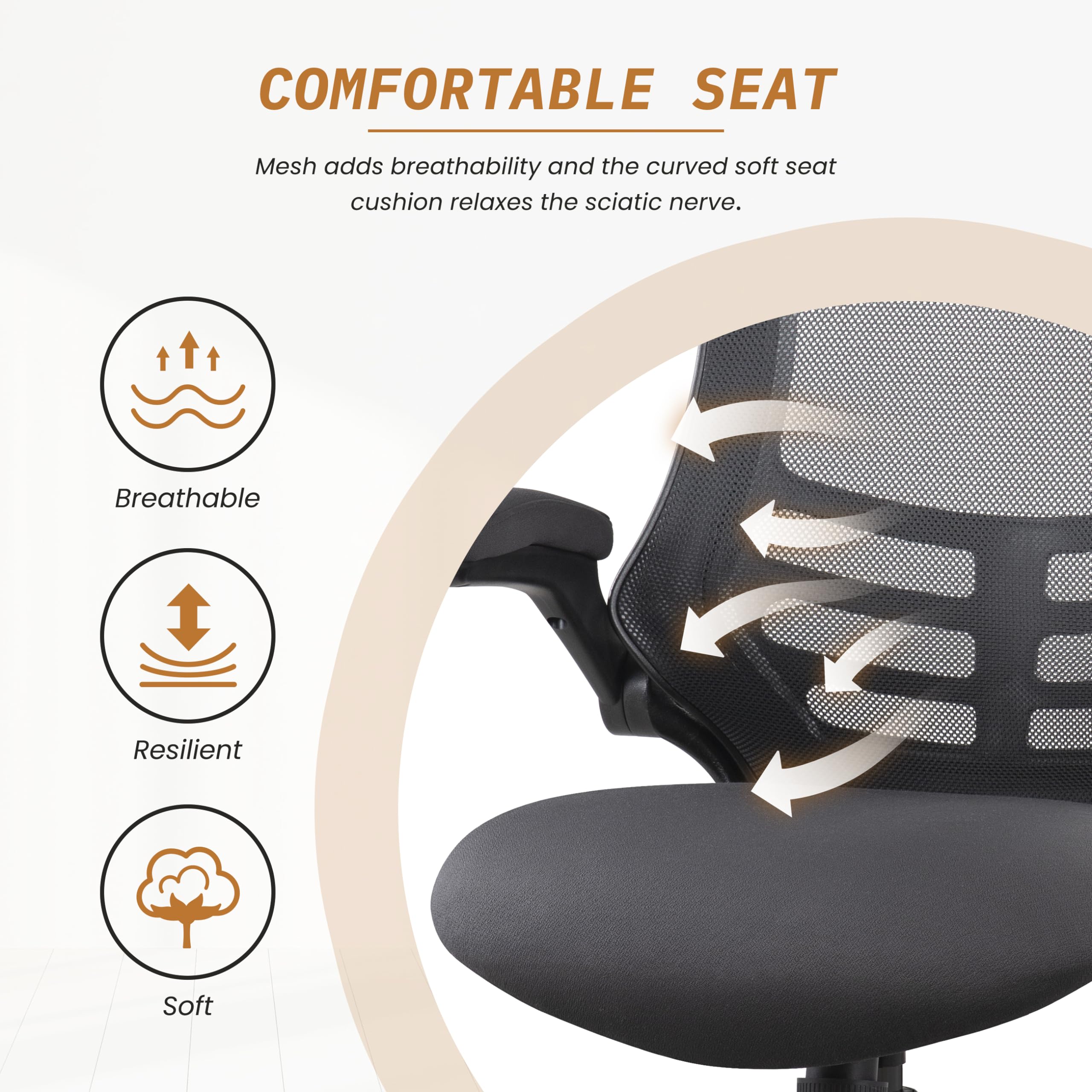 BOJUZIJA Ergonomic Office Computer Desk Chair,Adjustable Headrest,Flipped Arms,Lumbar Support 360°Swivel Task Chair -Black