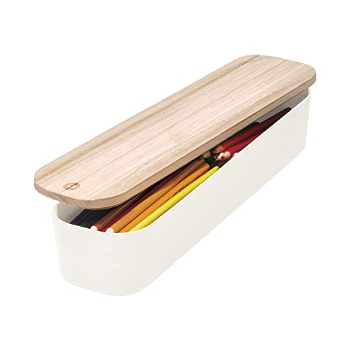 iDesign Recycled Plastic Storage Compact Drawer Organizer Bin with Paulownia Wood Lid, Extra Large, Coconut