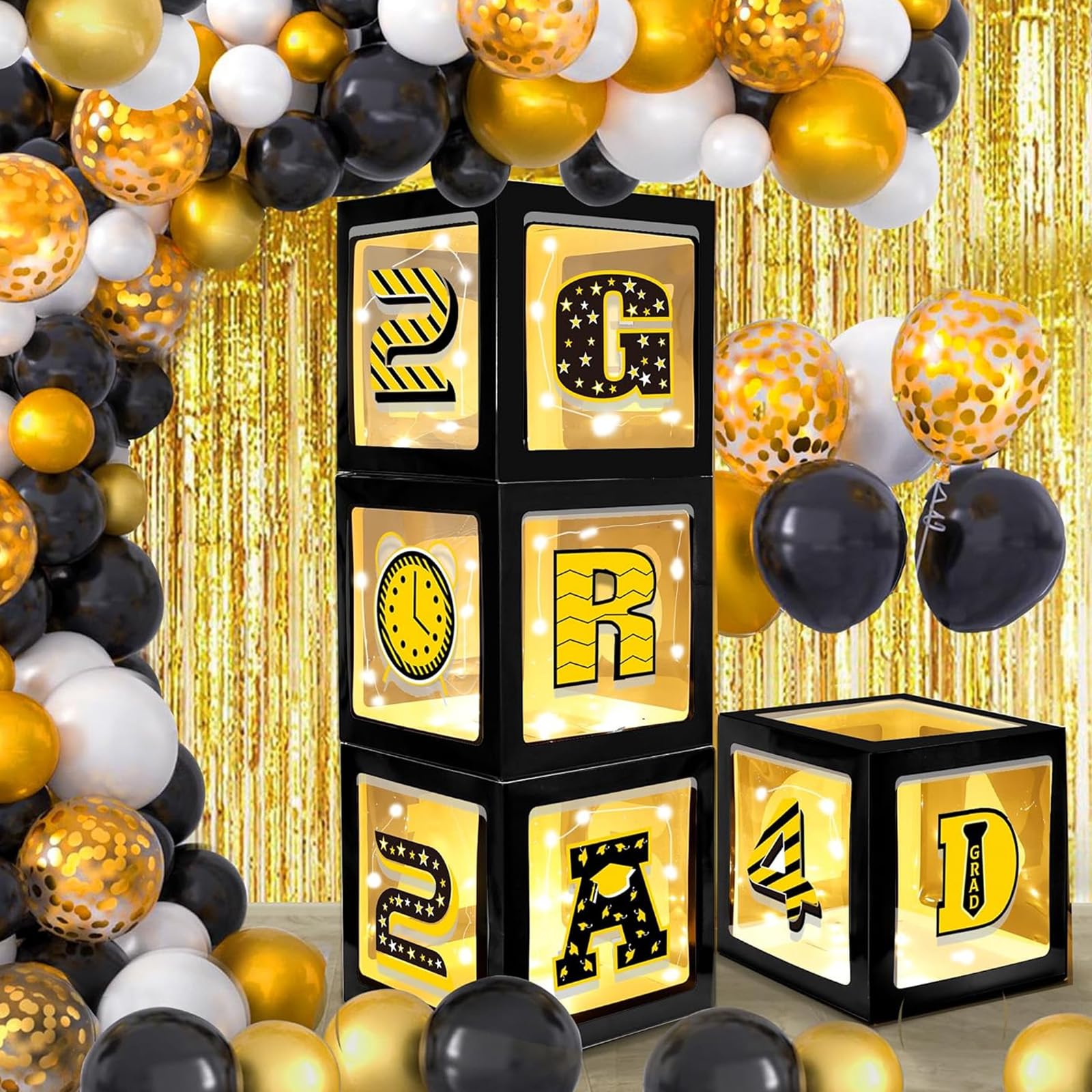 Graduation Decorations Class of 2024, 4 Black Gold Balloon Boxes with Letters Includes LED String Lights 40 Foil Balloons Backdrop for Middle College High School Grad Party Decor