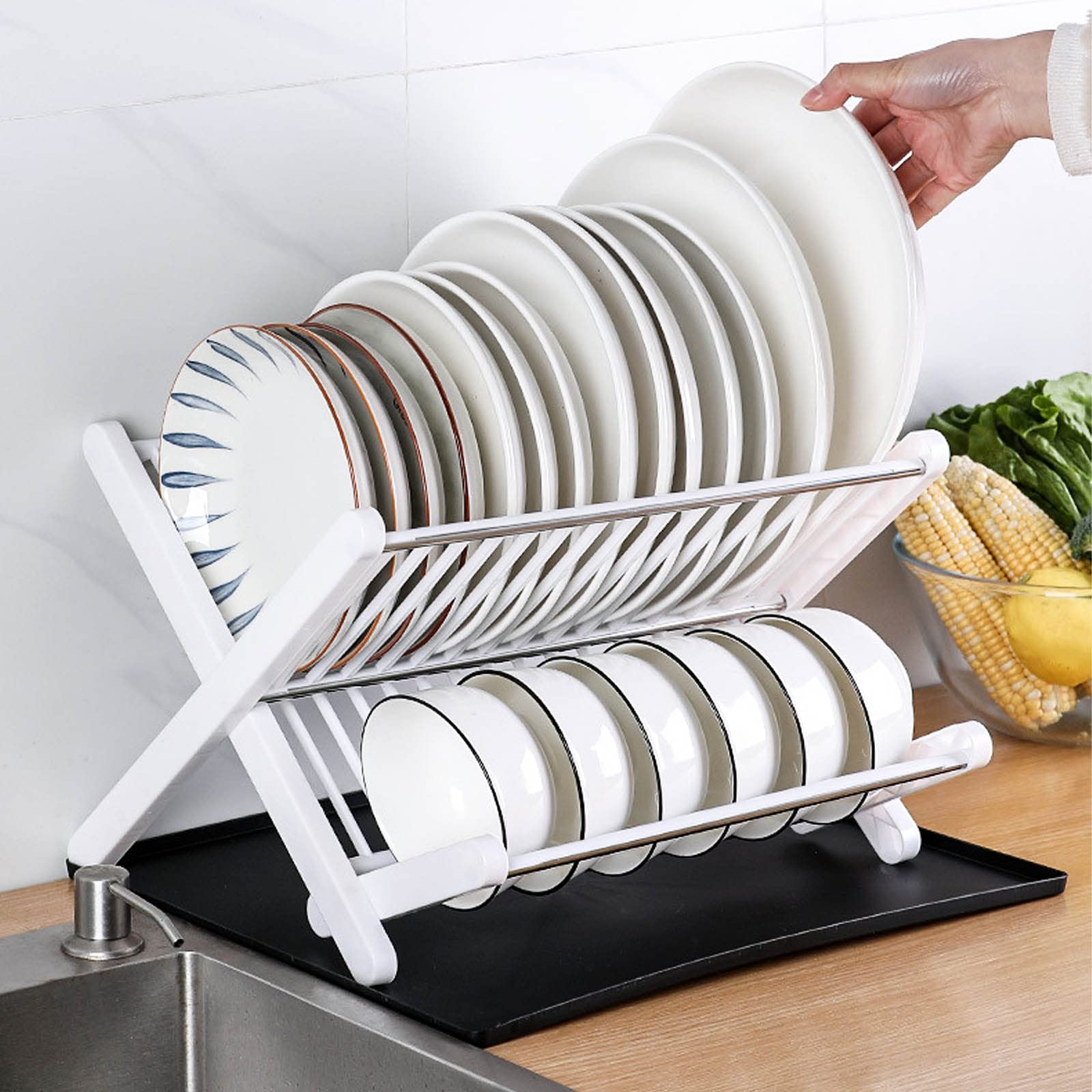 acDesign 2 Tier Dish Drying Rack Folding Dish Dryer Rack Stainless Steel Dish Racks for Kitchen Counter(Black)