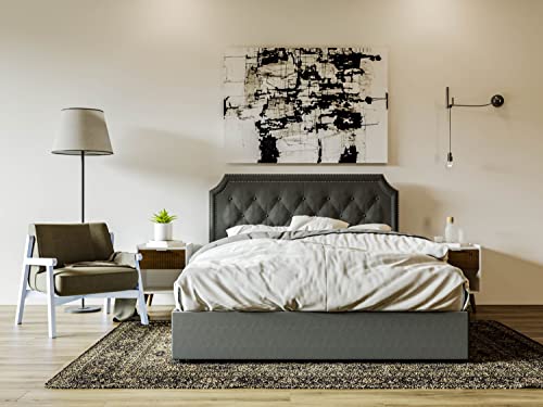 DG Casa Ardon Upholstered Platform Bed Frame with Storage Diamond Button Tufted Nailhead Trim Adjustable Height Headboard Full Wooden Slats - Queen Size Bed in Grey Fabric