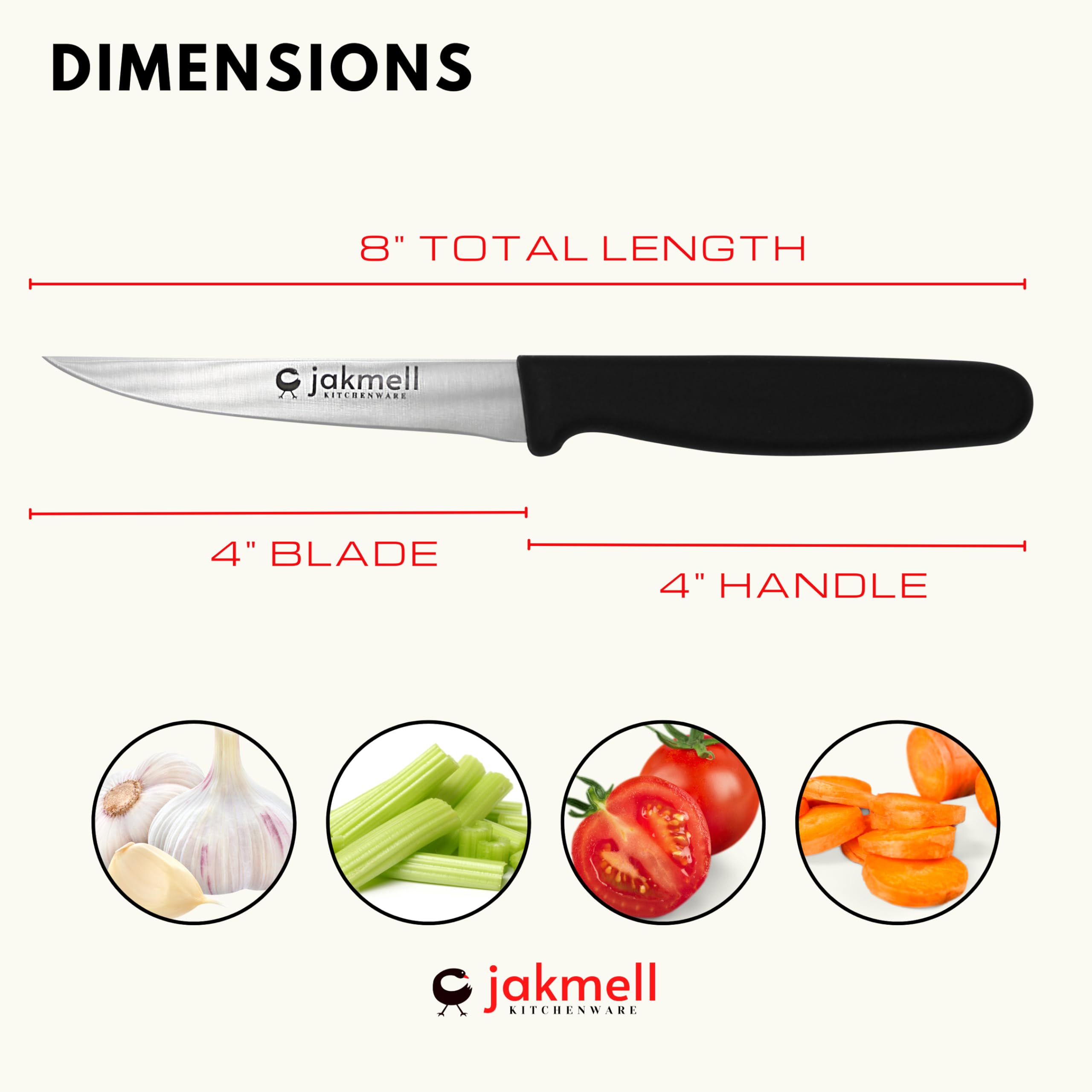 Jakmell Kitchenware 4 Inch Serrated Paring Knife with Black Handle, Stainless Steel Kitchen Knife with Durable Handle, All-Purpose Small Kitchen Utility Knife