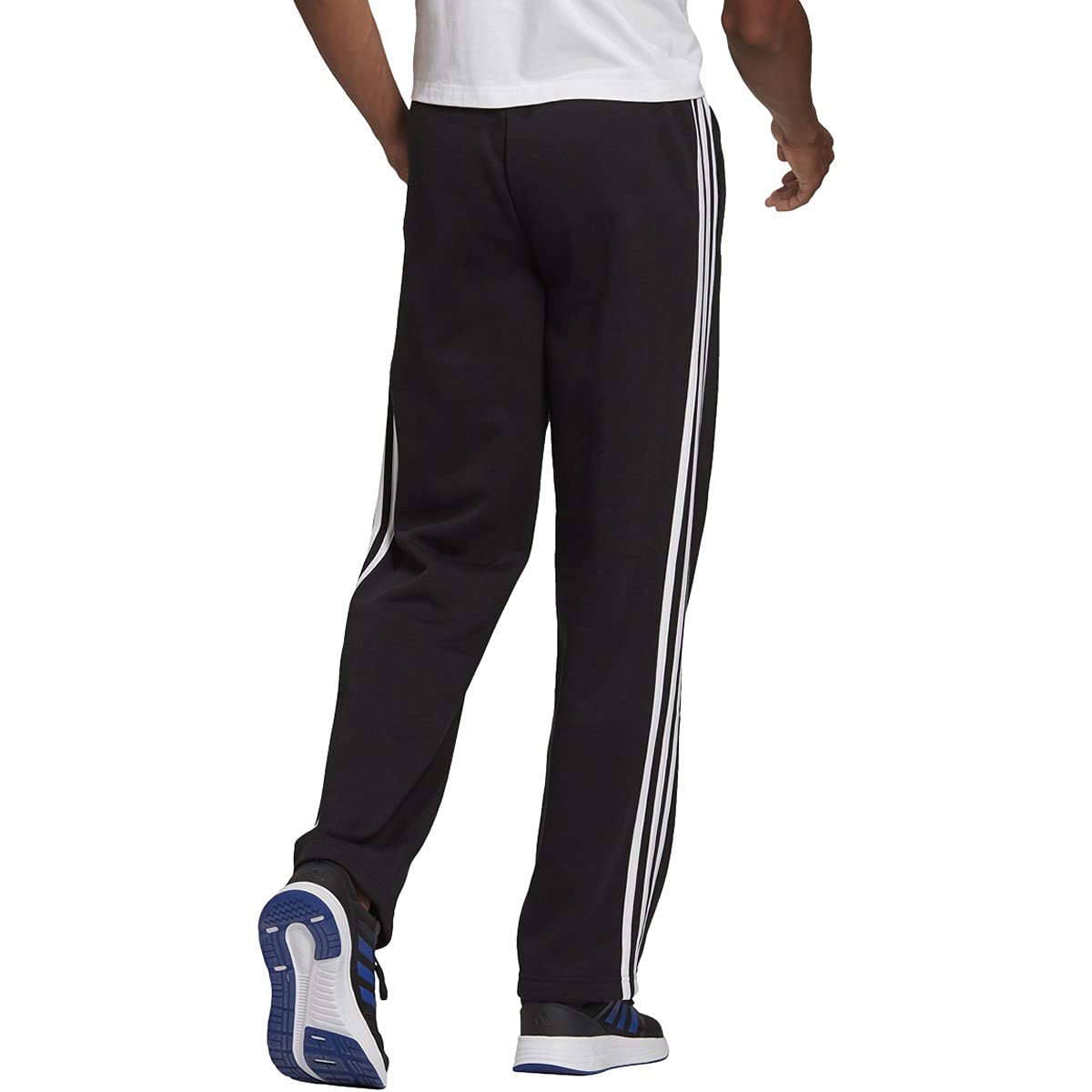 adidas Men's Essentials Fleece Open Hem 3-Stripes Pants, Black, Large/30 Inseam