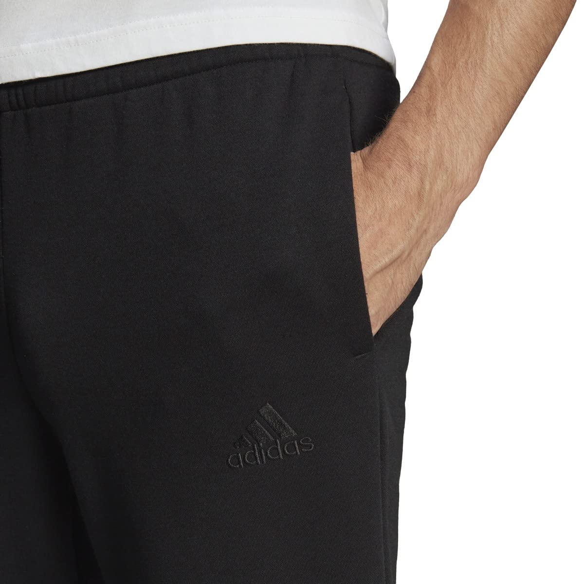 adidas Men's Essentials Fleece Tapered Cuff Logo Pants, Black/White, Large