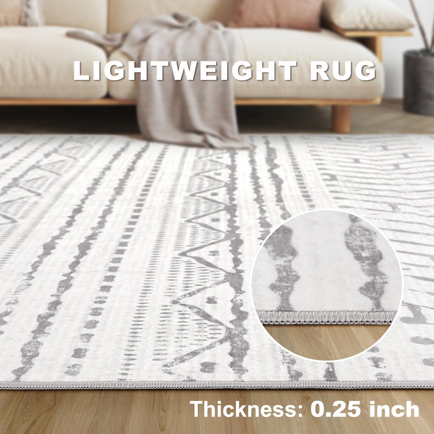 9x12 Area Rug Living Room Rugs: Large Soft Machine Washable Boho Moroccan Farmhouse Neutral Stain Resistant Indoor Floor Rug Carpet for Bedroom Under Dining Table Home Office House Decor - Grey