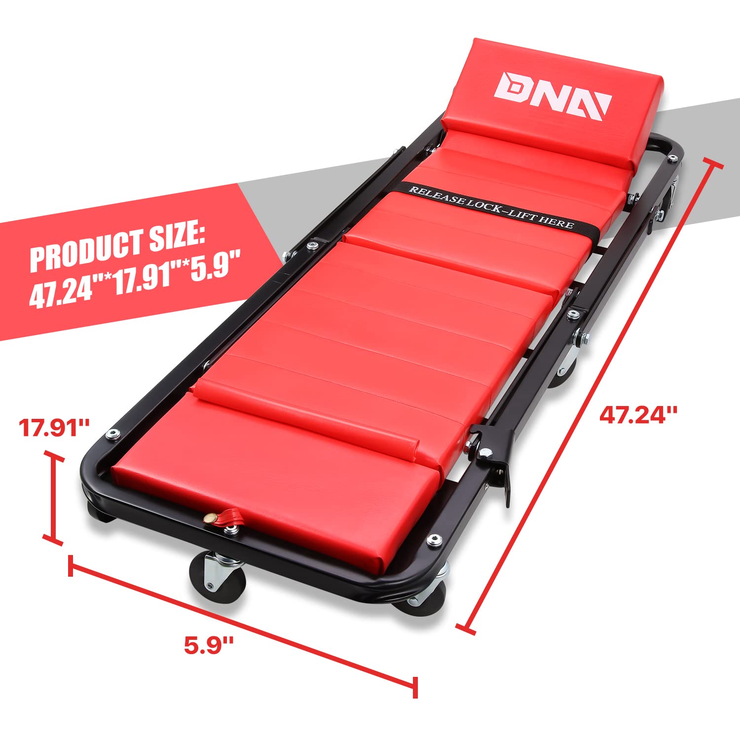 DNA Motoring TOOLS-00192 48" 2 IN 1 Folding Rolling Garage Shop Creeper Roller Seat, 7 Pcs 2" Casters, 350 Lbs Weight Capacity, Red