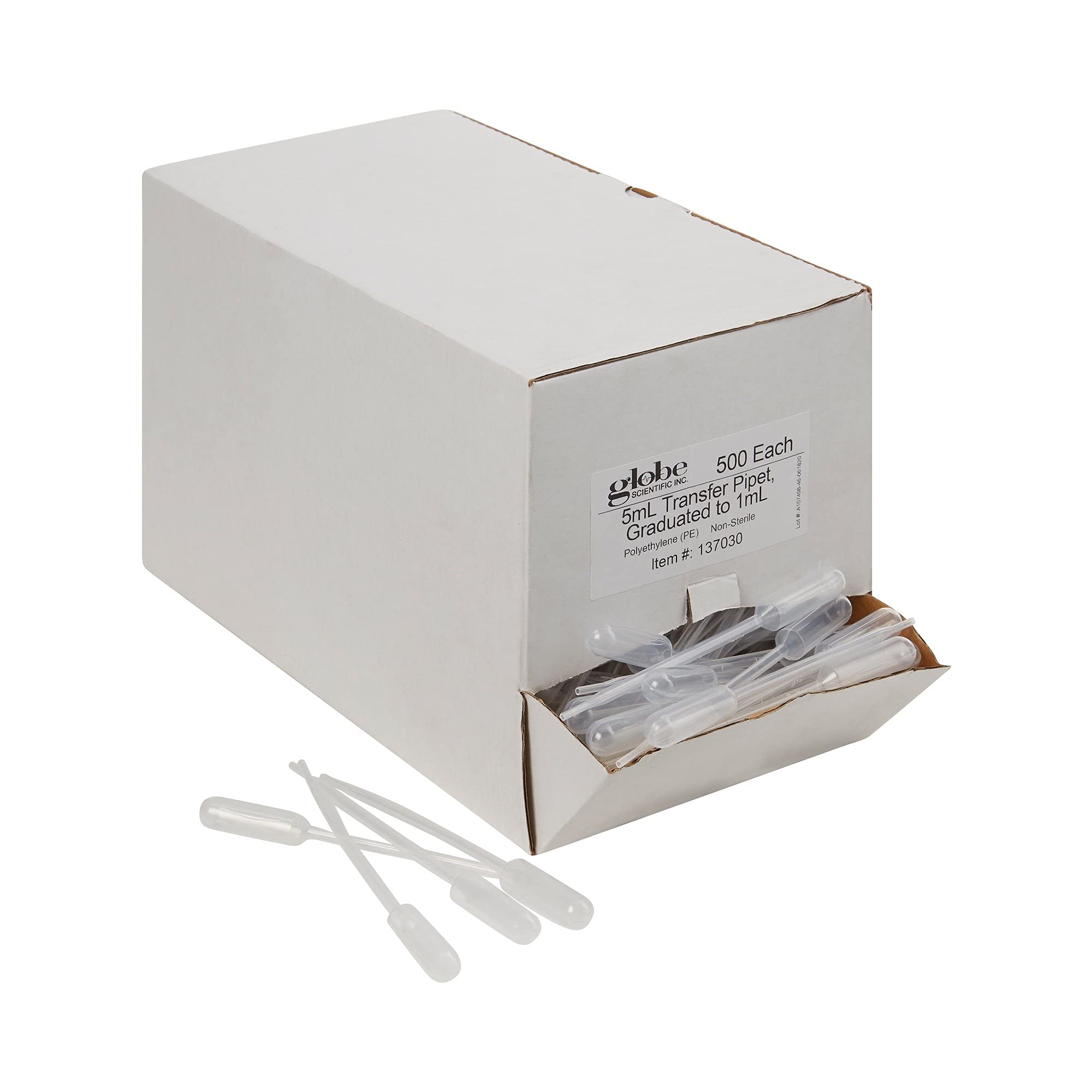 Globe Scientific Transfer Pipet, 137030-500, 5.0mL Capacity, Large Bulb, Non-Sterile, Graduated to 1mL, 145mm Length, Bulb Draw - 3.4mL, 500/Box