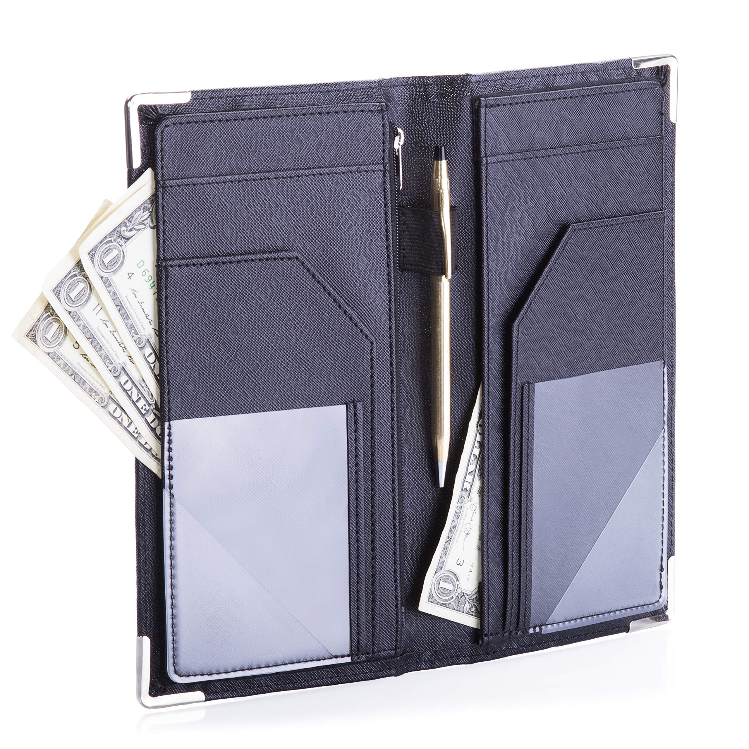 Sonic Server 5x9 11-Pocket Server Book Organizer with Double Magnetic Pockets, Zipper Pouch & Pen Holder for Waitress Waiter Waitstaff | Cross-Textured Black | Fits Apron Holds Guest Checks