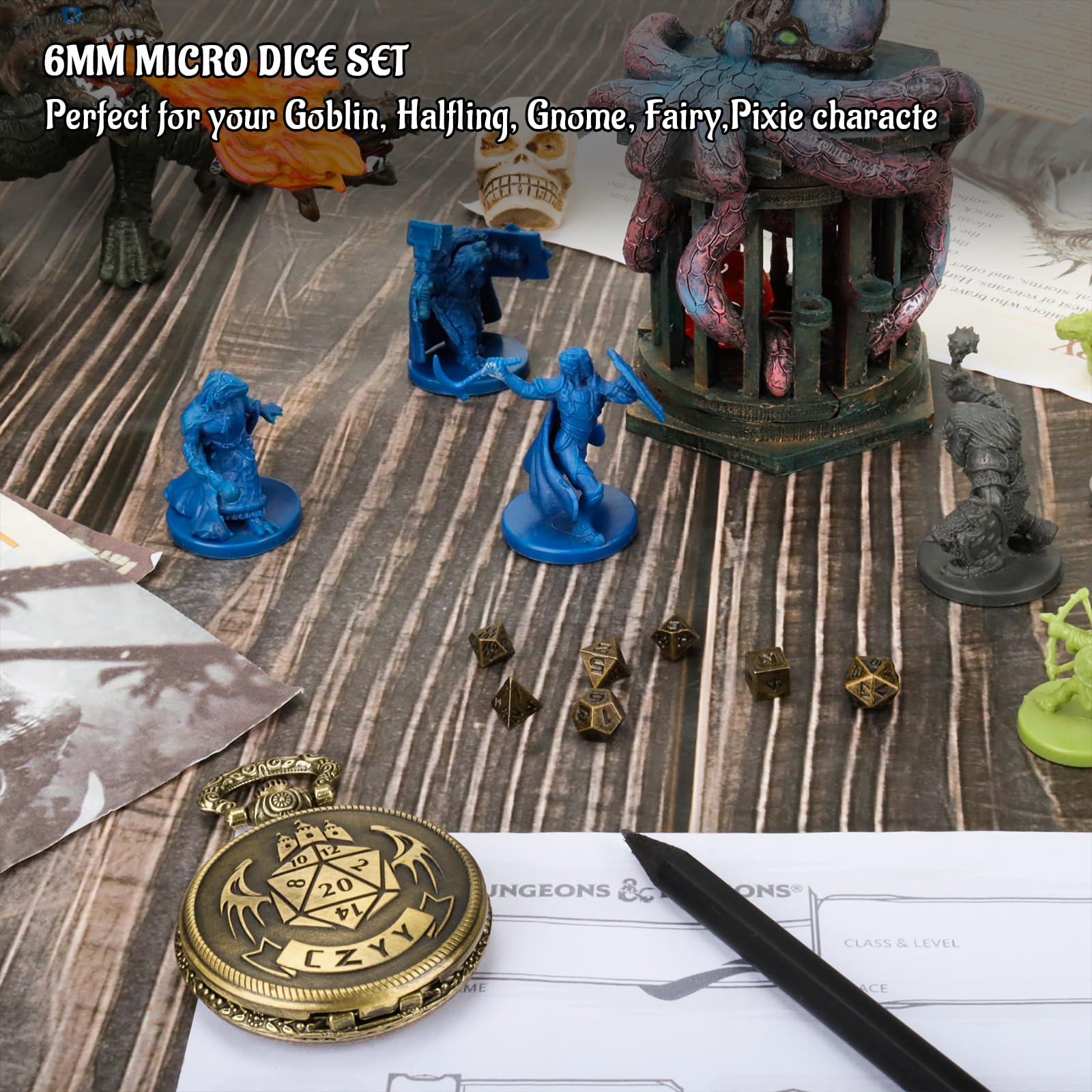 DND 6mm Micro Polyhedral Dice Set with Pocket Watch Shell Case Perfect for Dungeons and Dragons, Tabletop RPG and Cards Board Games (Bronze)