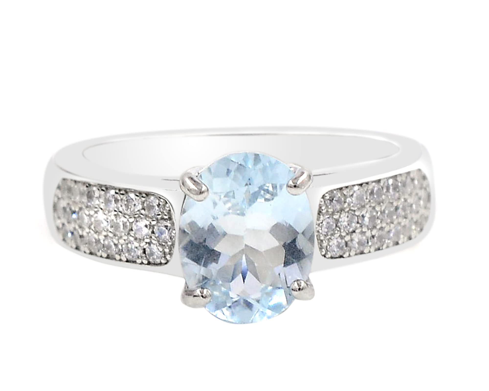 9X7 MM Natural Deep Color Aquamarine Gemstone 925 Sterling Silver March Birthstone Solitaire Unisex Promise Ring For Engagement (Rhodium Plated Silver, 6.5)