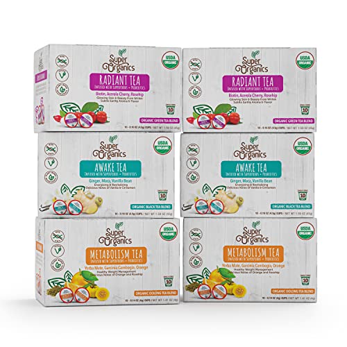 Super Organics Tea Variety Pack with Superfoods and Probiotics Keurig K-Cup Compatible Awake Tea, Metabolism Tea, Beauty Tea USDA Certified Organic, Vegan, Non-GMO, 60ct