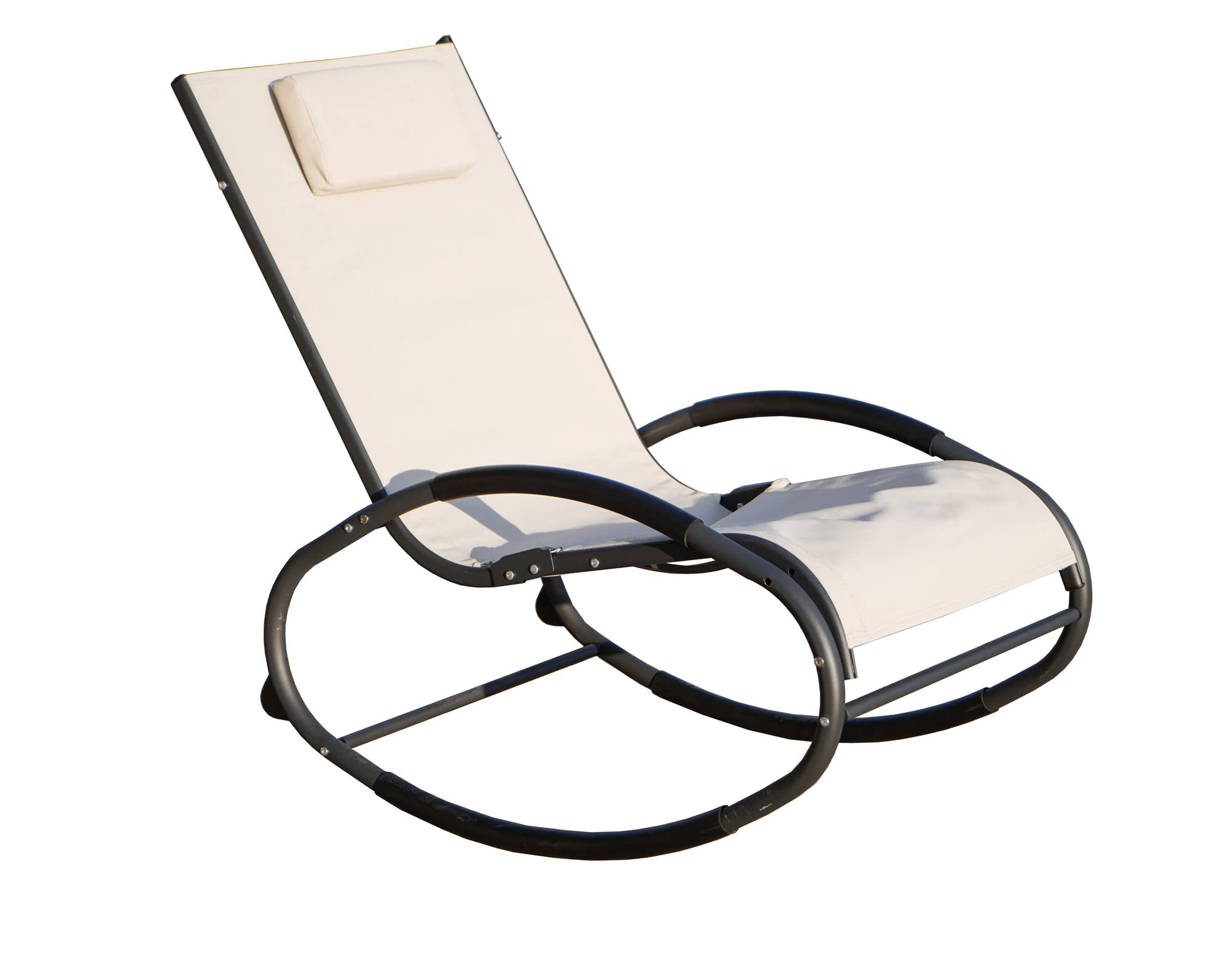 Direct Wicker Patio Rocking Recliner Chair Curved Chaise Lounge Chair w/Pillow for Yard Pool Outdoor Indoor, Iron Rock O-Shaped Lounge Chair (Beige)