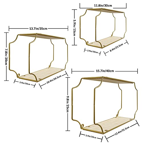 Dianhengmi Rectangular Floating Shelves Wall Decor, Gold Metal Wire and Wood Wall Mounted Large Space Storage Shelf Home Decorations Art for Bedroom Living Room Kitchen Bathroom, Set of 3