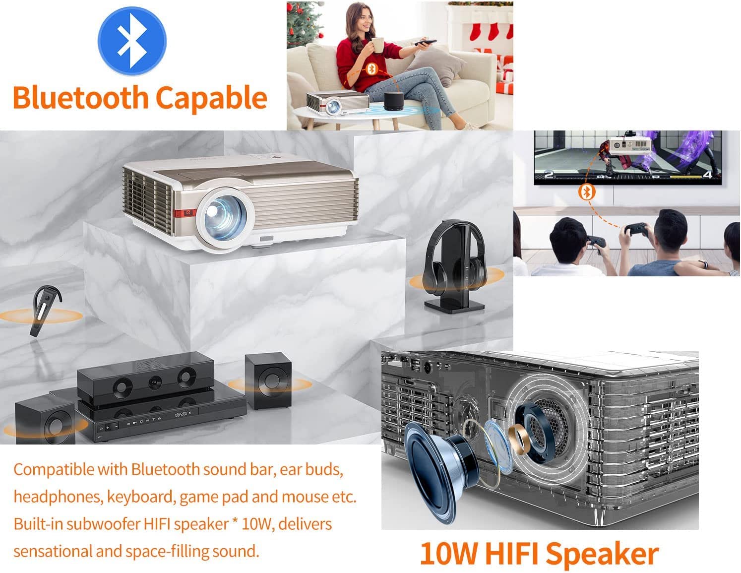 9000L Native 1080p Projector with WiFi Bluetooth, 200'' Display Home Theater Movie Projector Outdoor Indoor Party, Wireless Sync Screen for iOS/Android Phone/Tablets, With 4D Keystone and Zoom