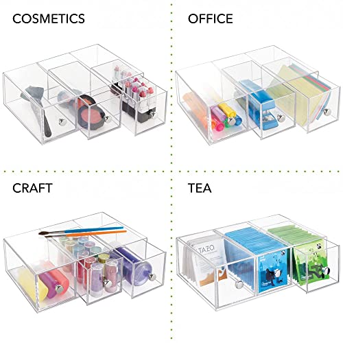 mDesign Plastic Kitchen Pantry Stackable Storage Organizer Container Station with 3 Drawers for Cabinet, Countertop, Holds Coffee, Tea, Sugar Packets, Creamers - Lumiere Collection - 4 Pack - Clear