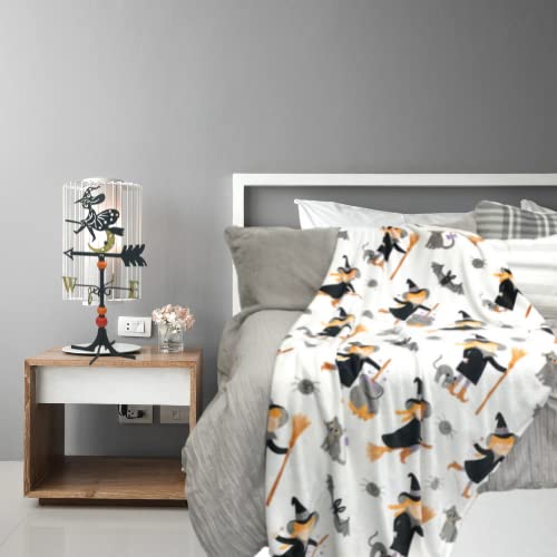 Halloween Throw Blanket: Cute Girl Witch with Faithful Cat Surrounded by Spiders and Bats Print on Fuzzy Soft Velvet Fleece Throw Blanket