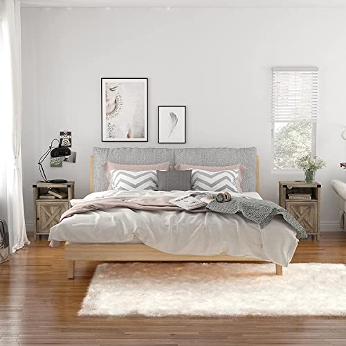 Farmhouse Nightstand Set of 2 with Charging Station,Industrial Bedside Table with Storage Living Room Bedroom Side Table End Table with Barn Door,Grey