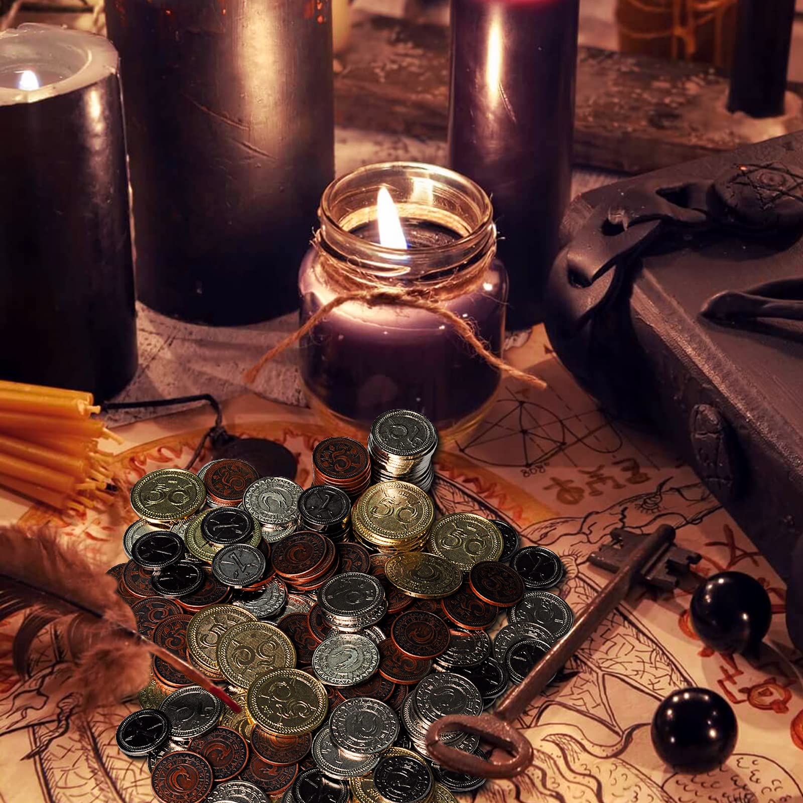 DND Metal Coins Set of 60 with Leather Pouch - Gaming Tokens, Pirate Treasure, Accessories & Props for Board Games, Dungeons and Dragons, Tabletop RPGs and LARP