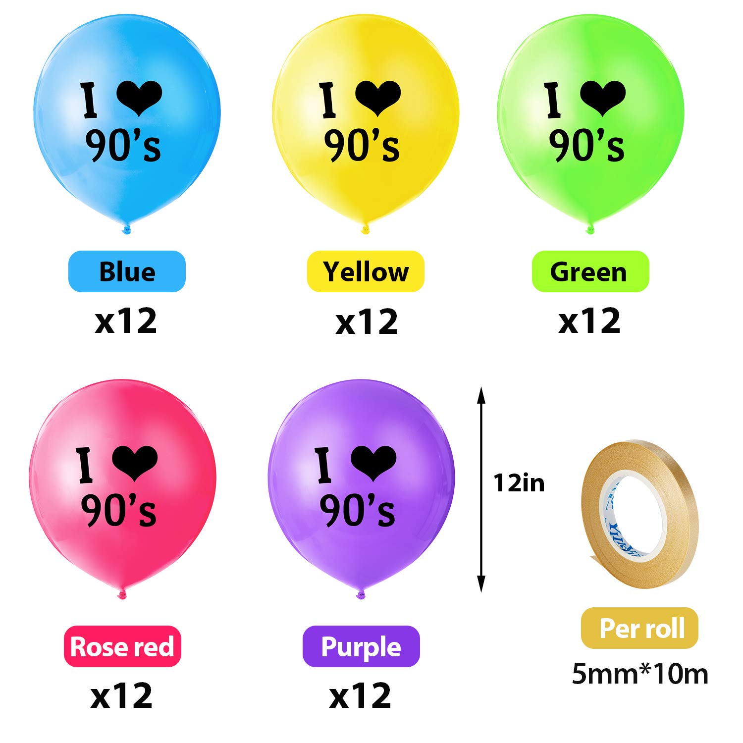 90s Themed Party Set, Include 60 Pieces I Love 90s Latex Balloons and 2 Rolls Balloon Ribbons for 90s Themed Birthday Party Throwback Party Decorations