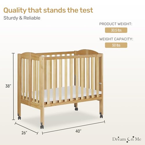 Dream On Me 2 in 1 Portable Folding Stationary Side Crib in Natural, Greenguard Gold Certified , 40x26x38 Inch (Pack of 1)