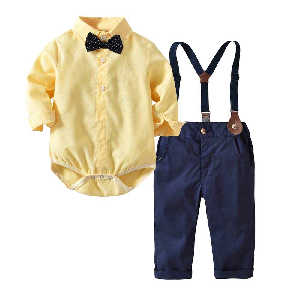 Moyikiss Studio Baby Boy Gentleman Outfit Long Sleeve Shirt with Bowtie Suspender Pants Casual Suit (Yellow, 80/12-18Months)