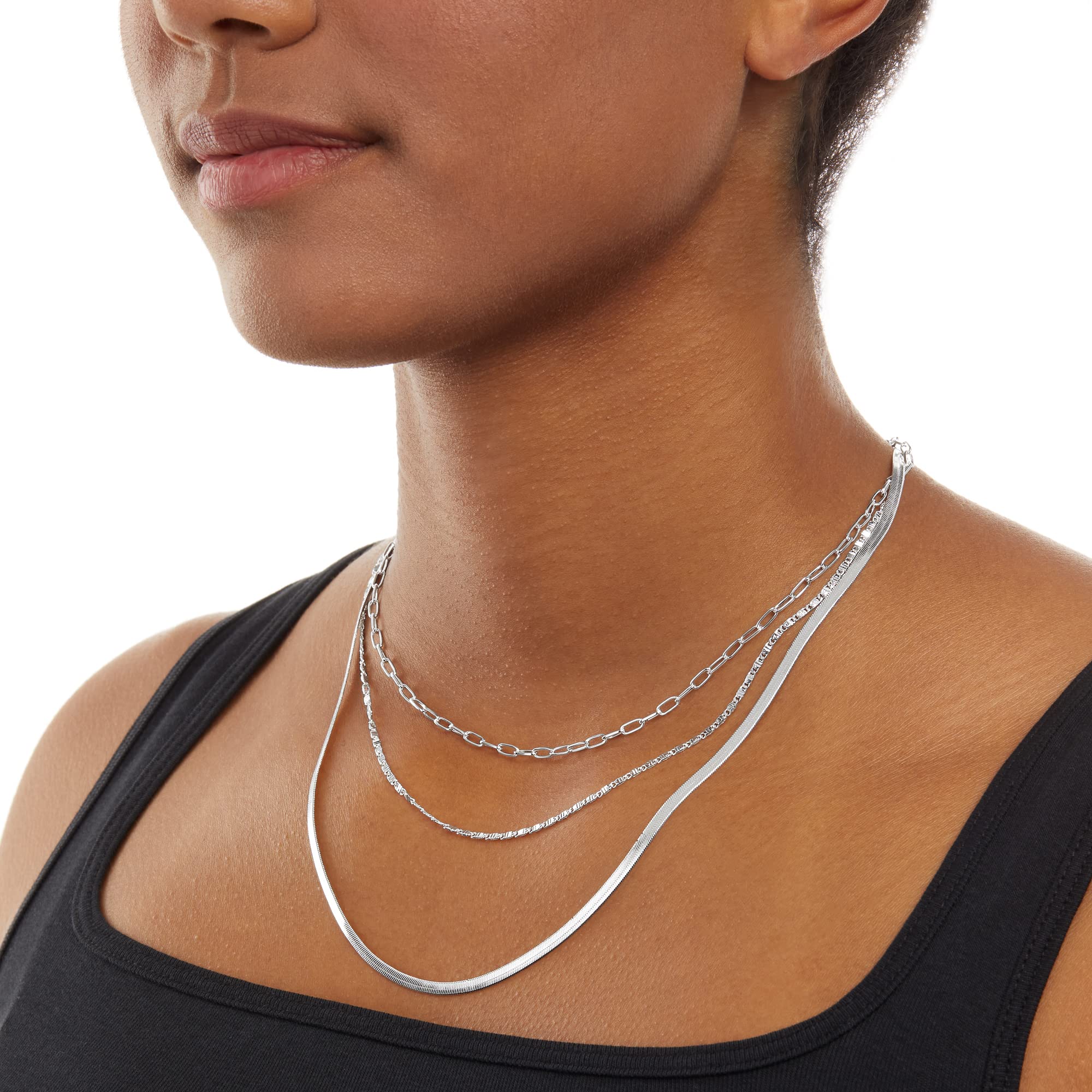 Amazon Essentials 14K Gold Plated Paperclip, Station and Herringbone Chain 3 Row Layered Necklace 16" 18" 20", Yellow Gold
