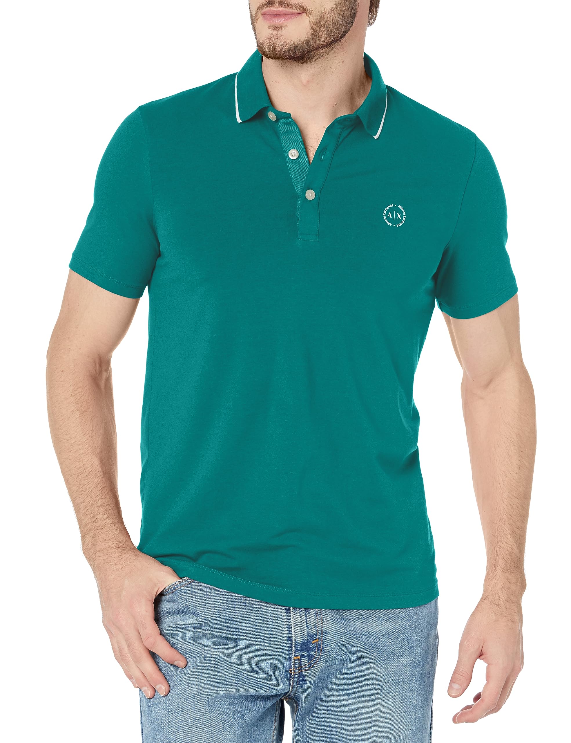 A | X ARMANI EXCHANGE Men's Solid Jersey Polo, Lipstick Red, Extra Large