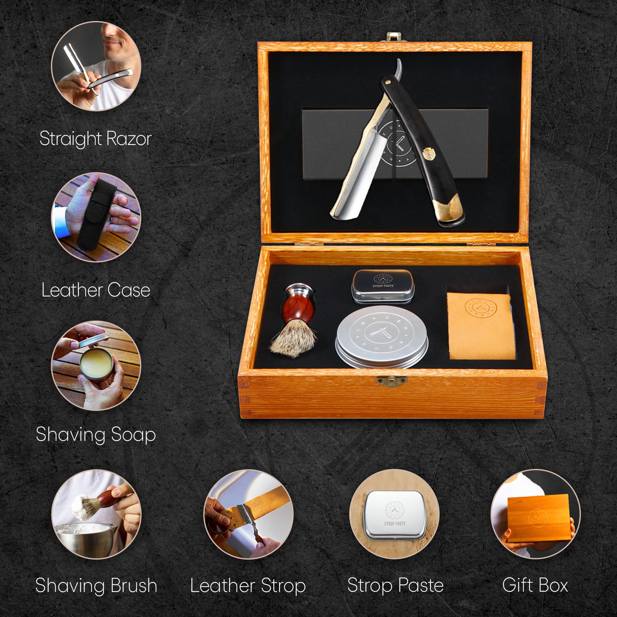 Gold Straight Razor Kit - Shave Ready Straight Razor, Stainless Steel Straight Edge Razor, Ebony Straight Razor For Men, Brush, Soap, Strop, Complete Gold Straight Razor Shaving Kit, Great Gift