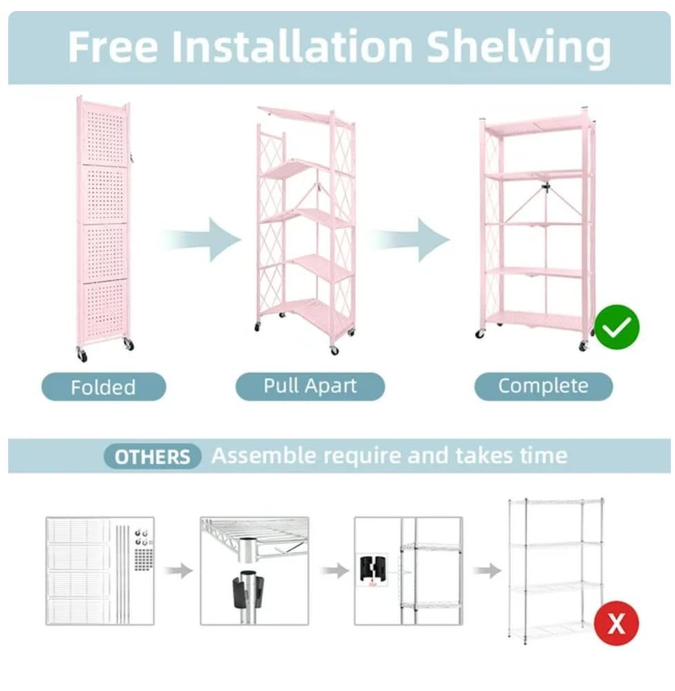 AZEITE 5-Tier Storage Shelving Unit, Heavy Duty Metal Shelf 27.9"x13.4"x62.5, Foldable Storage Shelf with Wheels, Garage Shelf, Kitchen Shelf with 4 Hooks, No Assemble Require(Pink)