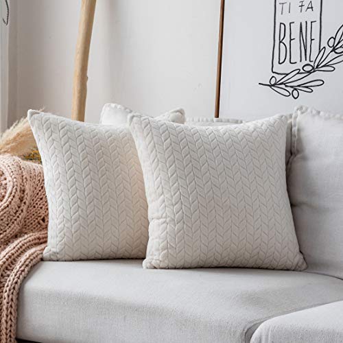 UGASA Velvet Soft Solid Decorative Square Throw Pillow Covers Cushion Case for Sofa Bedroom, 2 Packs, 18x18Inch (45x45cm), Cream