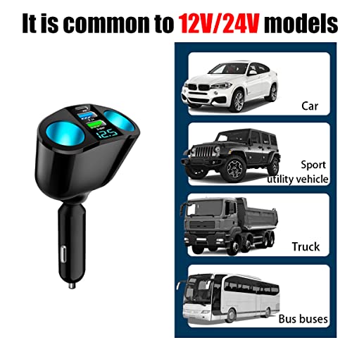 Car Cigarette Lighter Splitter, 2-Socket Cigarette Lighter Adapter with LED Voltmeter, Dual USB QC3.0 Type-C 20W PD Fast Car Charger, 12V/24V Car Splitter Adapter for Smart Phone GPS Dash Cam