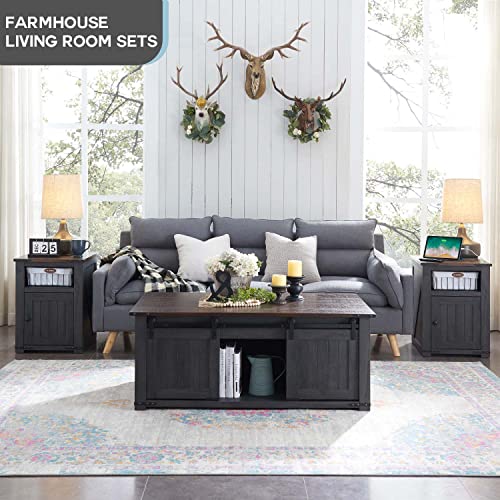 SinCiDo 48β Lift Top Coffee Table, Coffee Table with Storage & Sliding Groove Barn Door, Farmhouse Coffee Table Rustic Wood Cocktail Table w/Double Storage Spaces for Living Room, Dark Grey