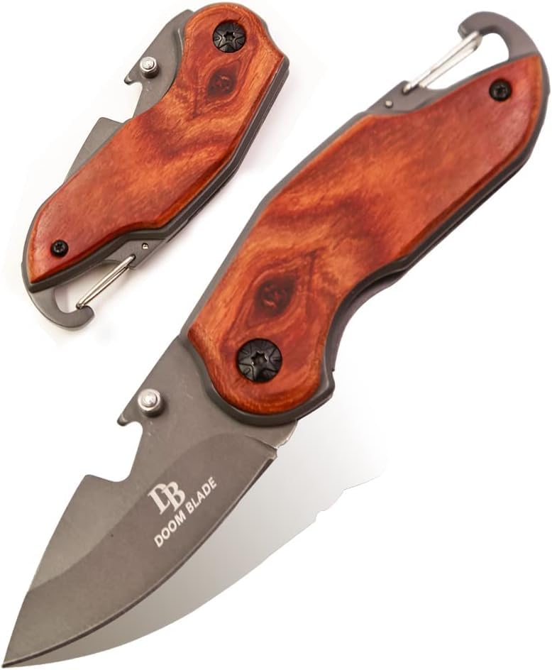 DOOM BLADE Folding Pocket Knife with Wood Handle,7Cr13Mov Hard Steel Blade,Hunting EDC Knife Multi-tool Survival Knife with Keychain and Bottle Opener,Lightweigt,for Outdoor Camping