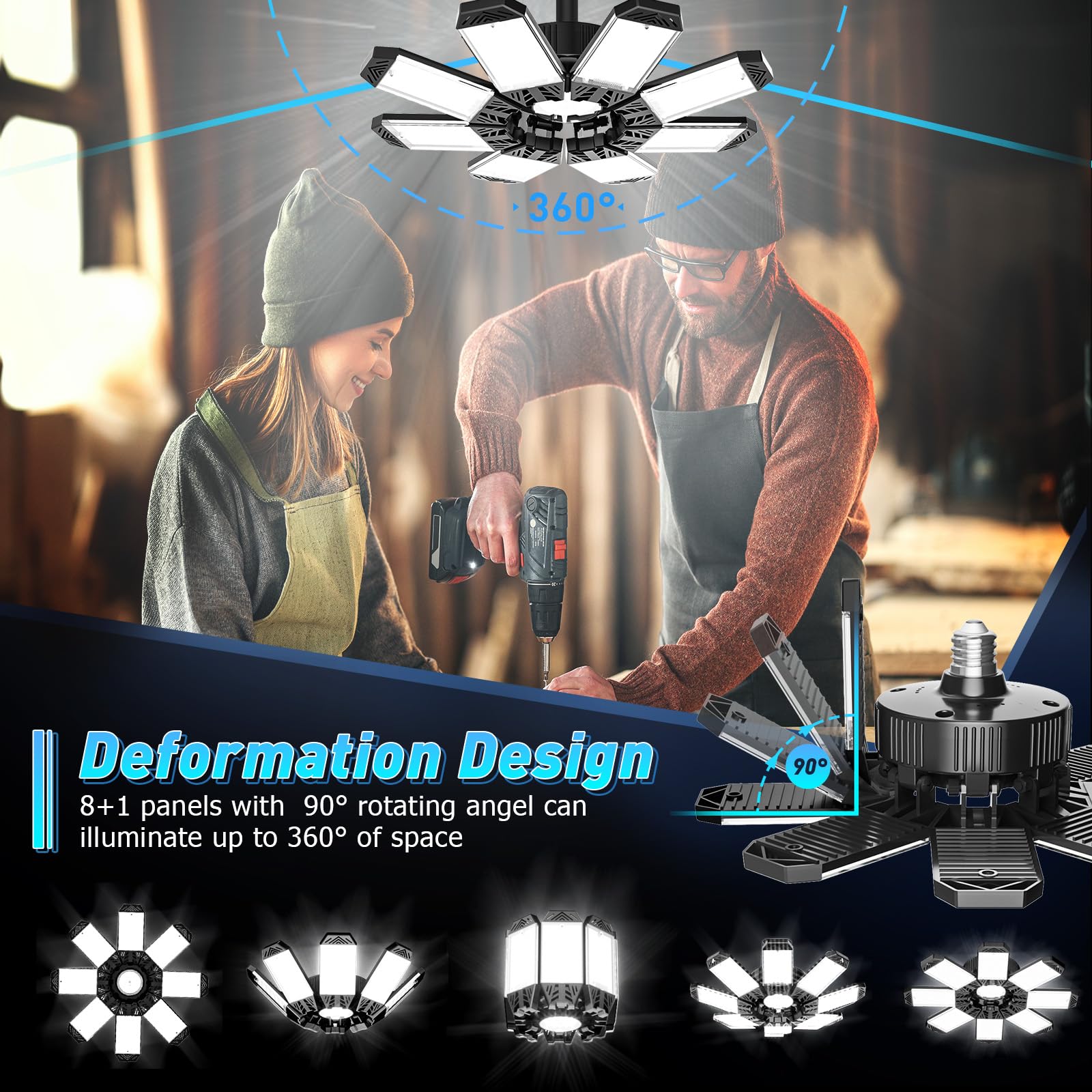 ISKYDRAW LED Garage Lights, 4 Pack Garage Lighting 260W 26000LM Bright Shop Lights Screw Into E26 E27 Bulb Socket, 6500K Deformable Garage Ceiling Lights for Garage Workshop Basement Barn
