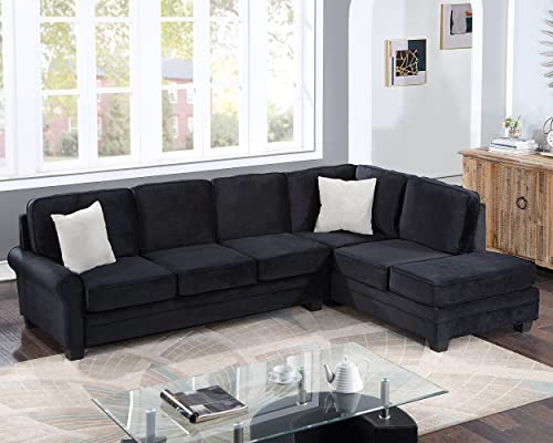 OMNIOF Modern Velvety Upholstered Sofa Couch with Scrolled Arm for Surviving Room Space, Reversible Sectioned Sofa (Color : Preto)