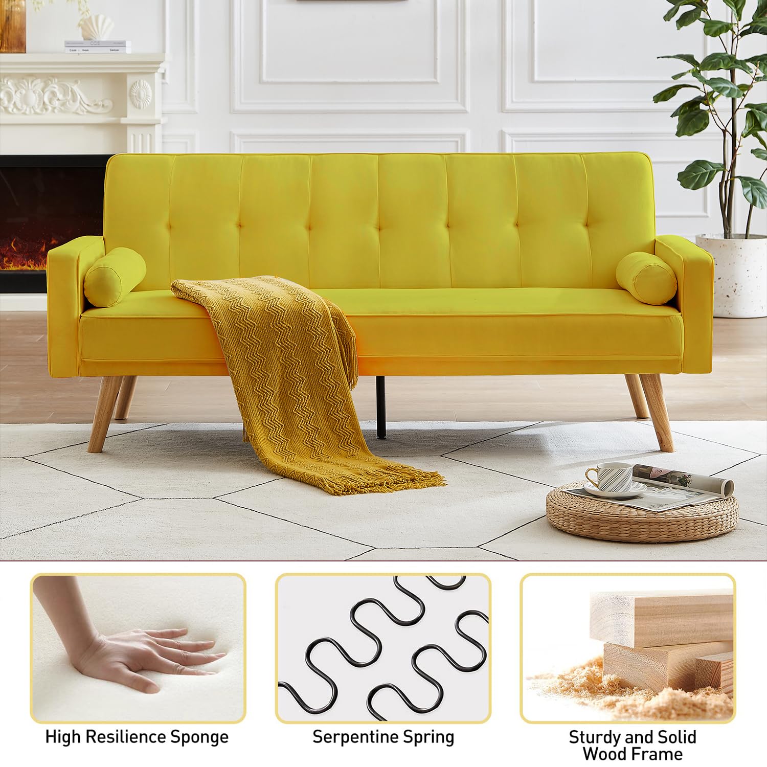 Anwickmak Yellow Velvet Couch, Small Sleeper Sofa Love Seat Includes 2 Pillows, 58" Tufted Loveseat Sofa, 4 Golden Metal Legs, Mid Century Modern Sofas for Living Room and Bedroom (Yellow)