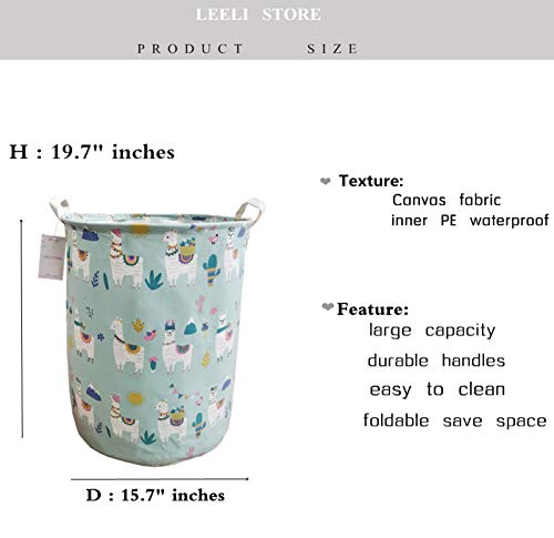 LEELI Laundry Hamper with Handles Collapsible Canvas Laundry Basket,Waterproof Storage Basket Home Organizer for Nursery,Clothes,Toys,Baby Hamper19.7×15.7(Blue Llama)
