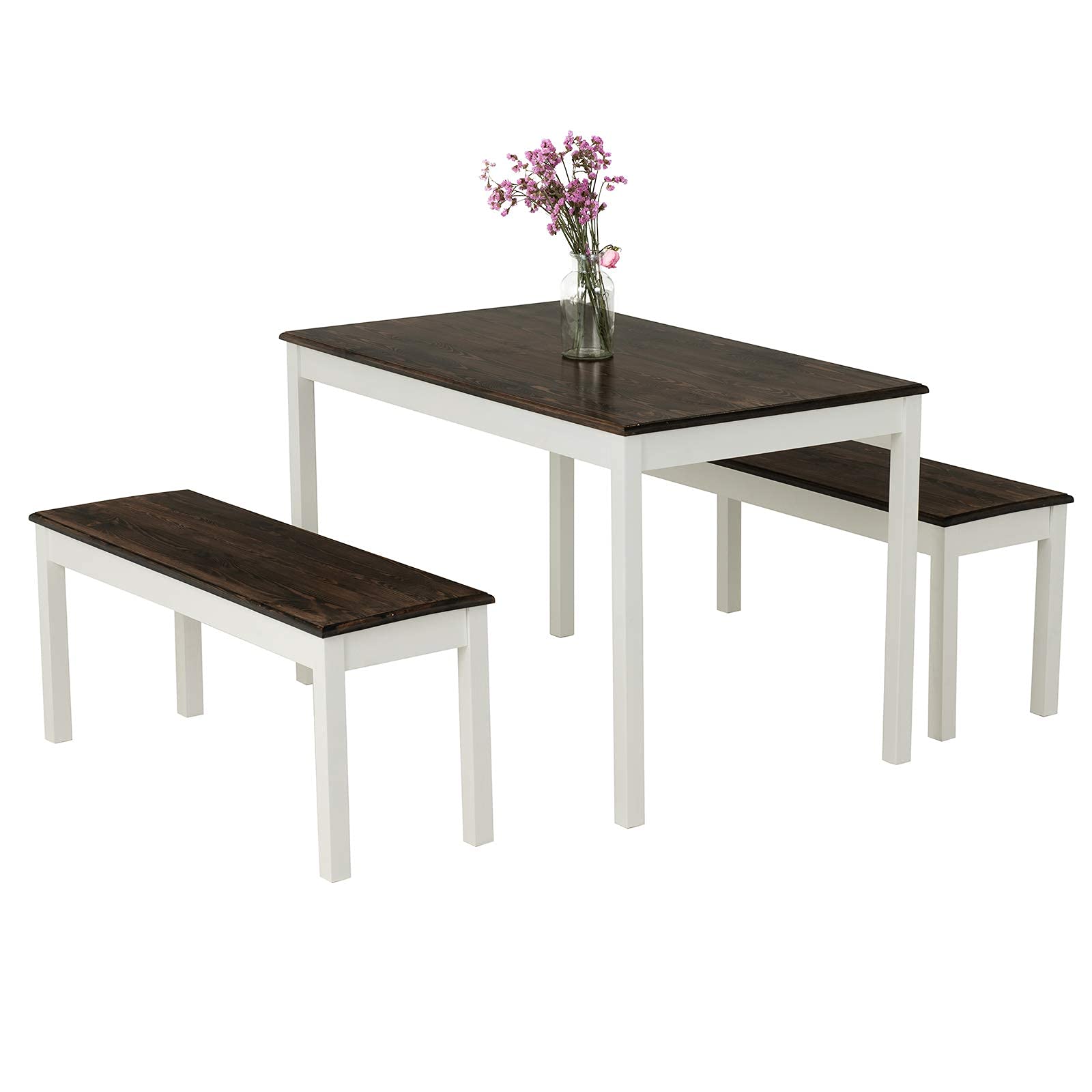 Alohappy 3 Piece PineWood Dining Set for 4,45" Dining Room Table Set with 2 Benches for Home Kitchen Dining Room Furniture,Bench Style & Space-saving (Grey)