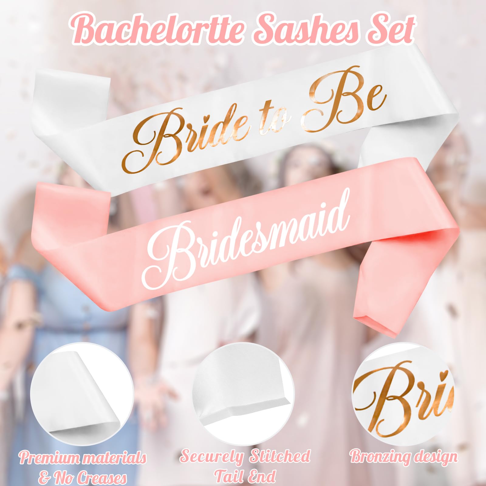 Bachelorette Sashes - Bachelorette Party Set 1 White Bride to Be Sash and 6 Pink Bridesmaid Sashes for Bride to be favors, Bridal Shower Wedding Decorations(7pcs)