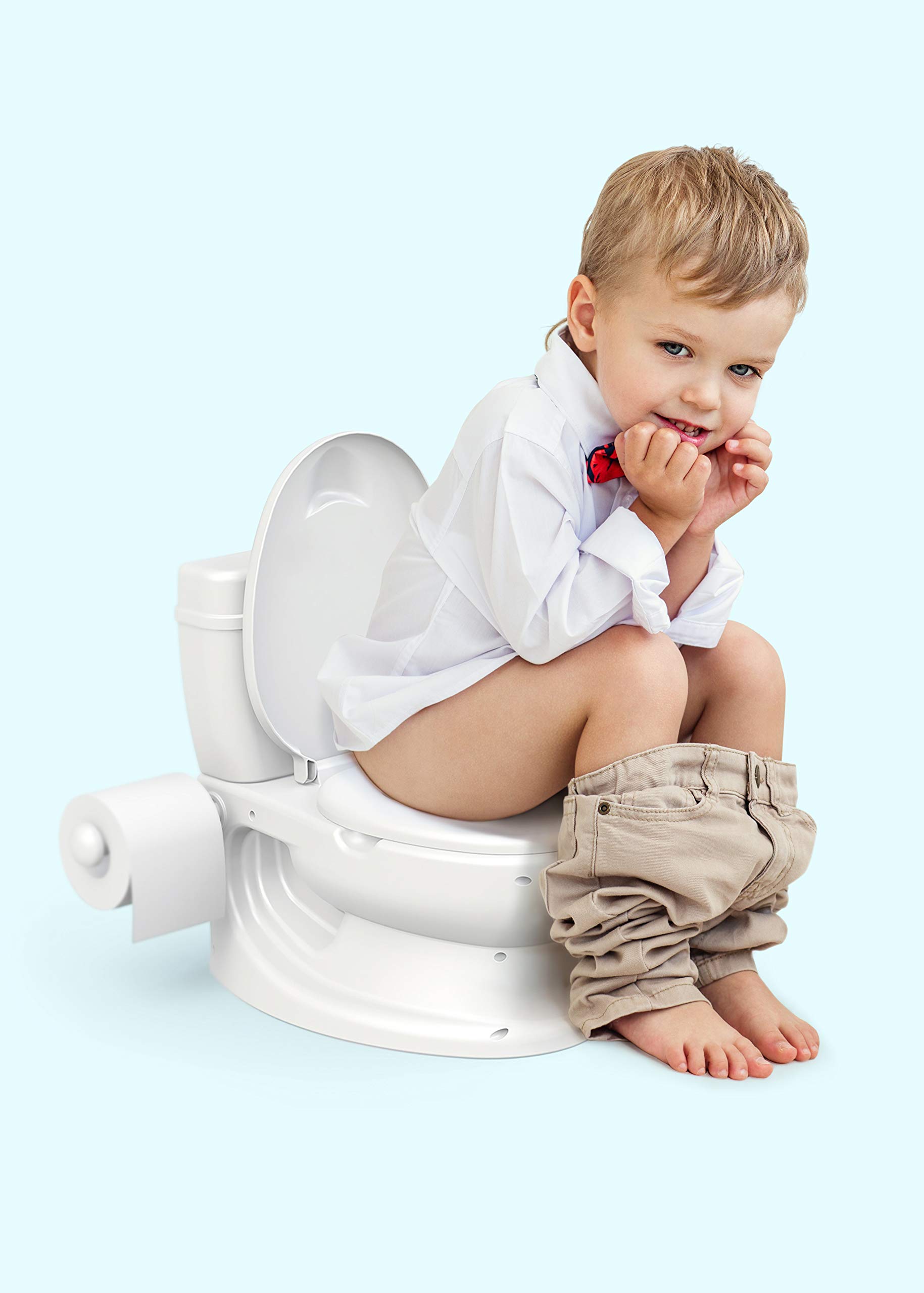 Potty Training Toilet Seat | Toddler Potty Training with Comfy Seat Cover, Tank Storage & Paper Roll Holder | Easy to Empty and Clean | Soft & Comfortable Potty Trainer for Boys & Girls (White)