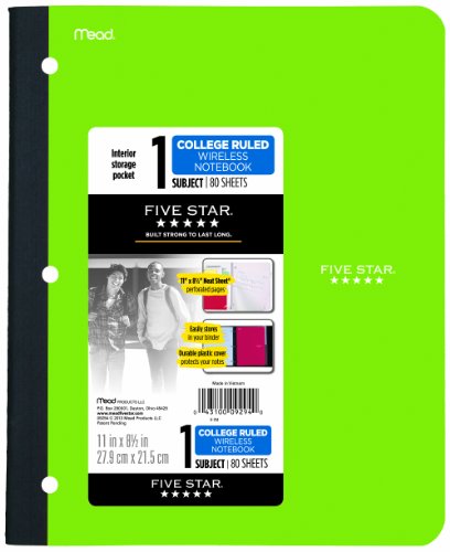 Five Star Bound Notebook with Pocket, 1 Subject, College Ruled Paper, 80 Sheets, 11" x 8-1/2", Color Selected For You, 1 Count (09294)