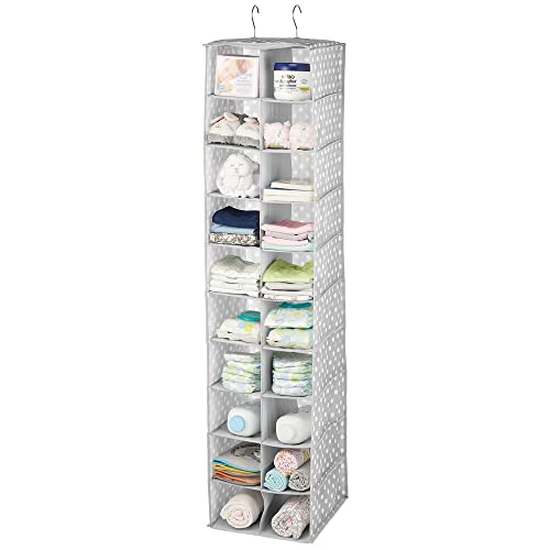 mDesign Soft Fabric Over Closet Rod Hanging Storage Organizer with 20 Shelves for Baby Room or Nursery - Tiered Hanging Organizers - Polka Dot Print - Gray/White